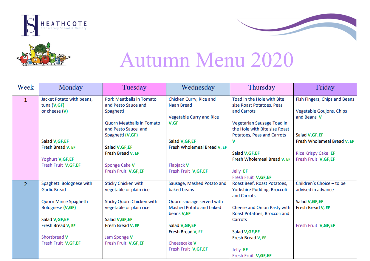 School Menu – Heathcote Preparatory School & Nursery