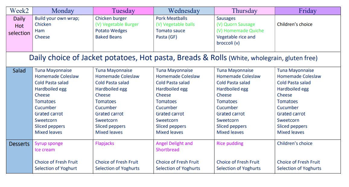 School Menu – Heathcote Preparatory School & Nursery